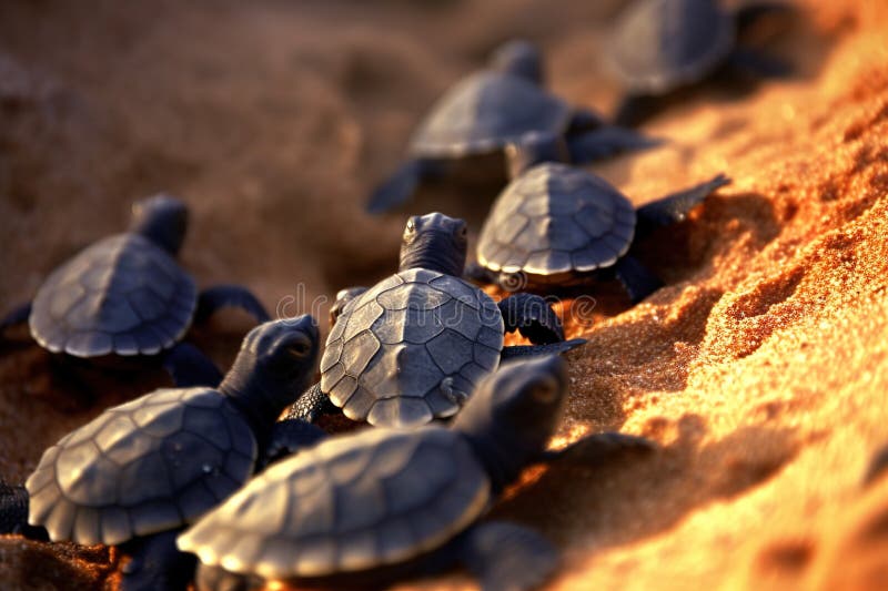 Many Baby Turtles on the Sandy Beach. Ai Generative Stock Illustration ...