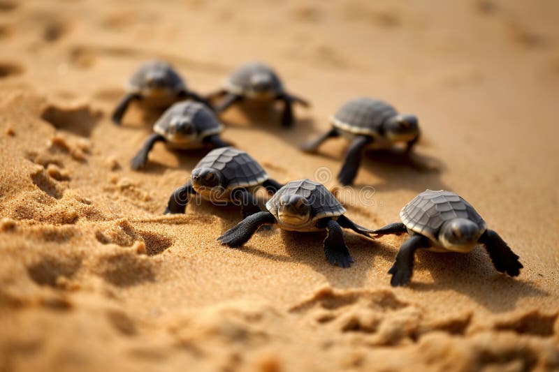 Many Baby Turtles on the Sandy Beach. Ai Generative Stock Illustration ...