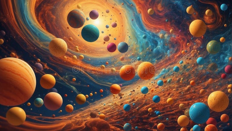 Many Balls of Different Sizes Fly in Blue-orange Like Planets in Space ...