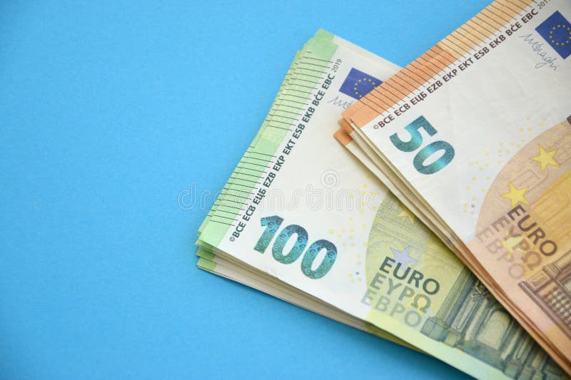 Many Banknotes 100 50 Euro Bills Light Blue Paper Background Stock ...