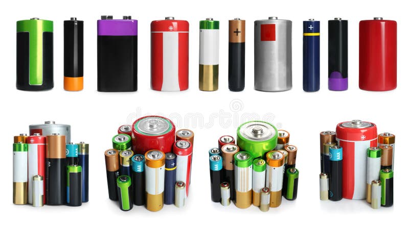 Many Batteries of Different Types on White Background, Collage. Banner ...