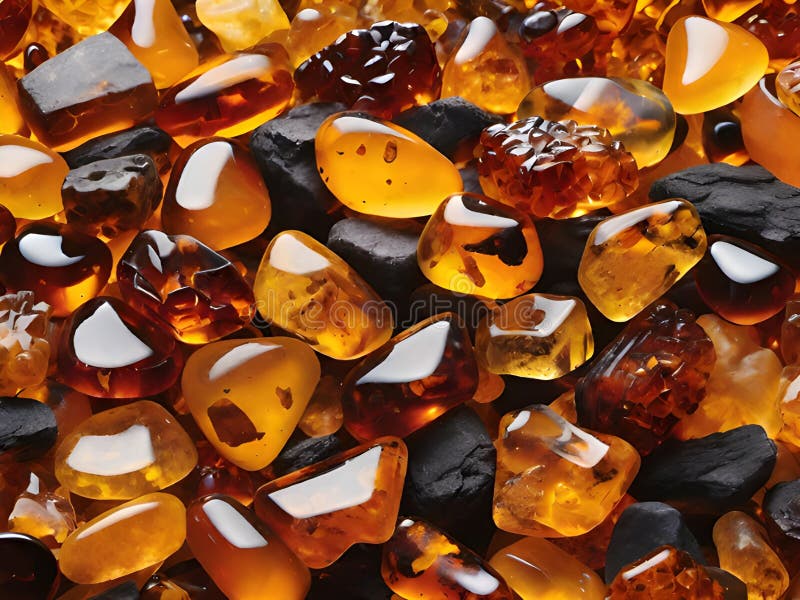 Many Beautiful Amber Stones on Dark Background Stock Illustration ...