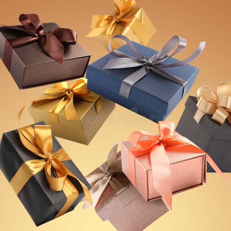 Many Beautiful Gift Boxes Falling on Pale Orange and Yellow Gradient ...