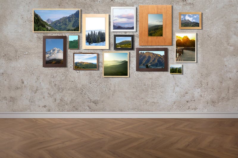 Many Beautiful Landscapes in Frames on Grey Textured Wall in Room Stock ...