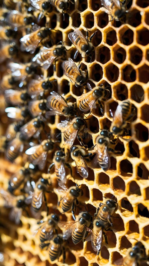 Many Bees on Honeycomb in Apiary, Selective Focus Scene Stock ...