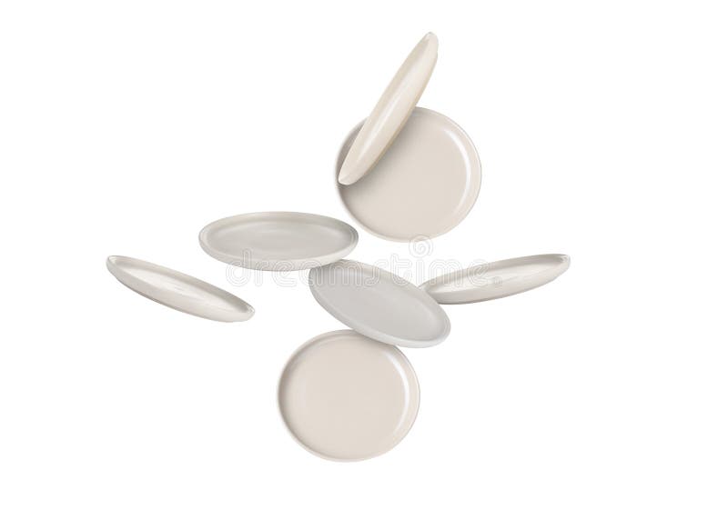Many Beige Plates Falling on White Background Stock Photo - Image of ...
