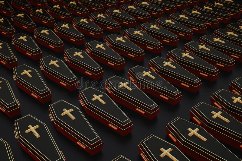 Many Black Coffins with Crosses Stock Illustration - Illustration of ...
