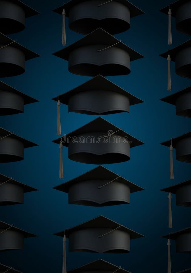 Many Black Graduation Caps on Dark Blue Background Stock Illustration ...
