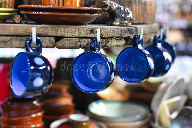 Many Blue Plain Cups Hanging in the Kitchen Stock Photo - Image of blue ...