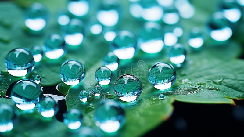 Many Blue Water Droplets on a Green Leaf Stock Illustration ...