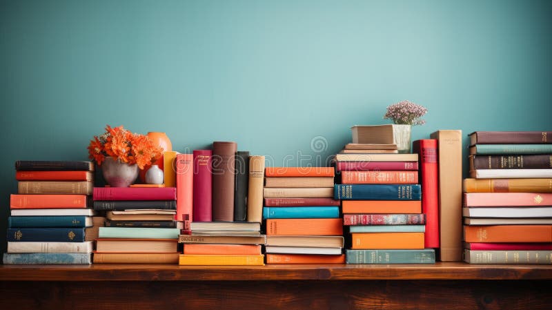 Many Books on the Table Against the Blue Background Stock Illustration ...