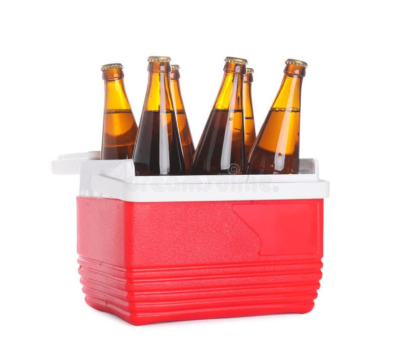 Many Bottles of Drinks in Cooler Box Isolated on White Stock Photo ...
