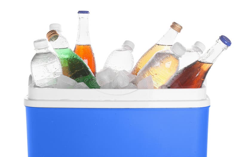 Many Bottles of Drinks in Cooler Box Isolated on White Stock Image ...