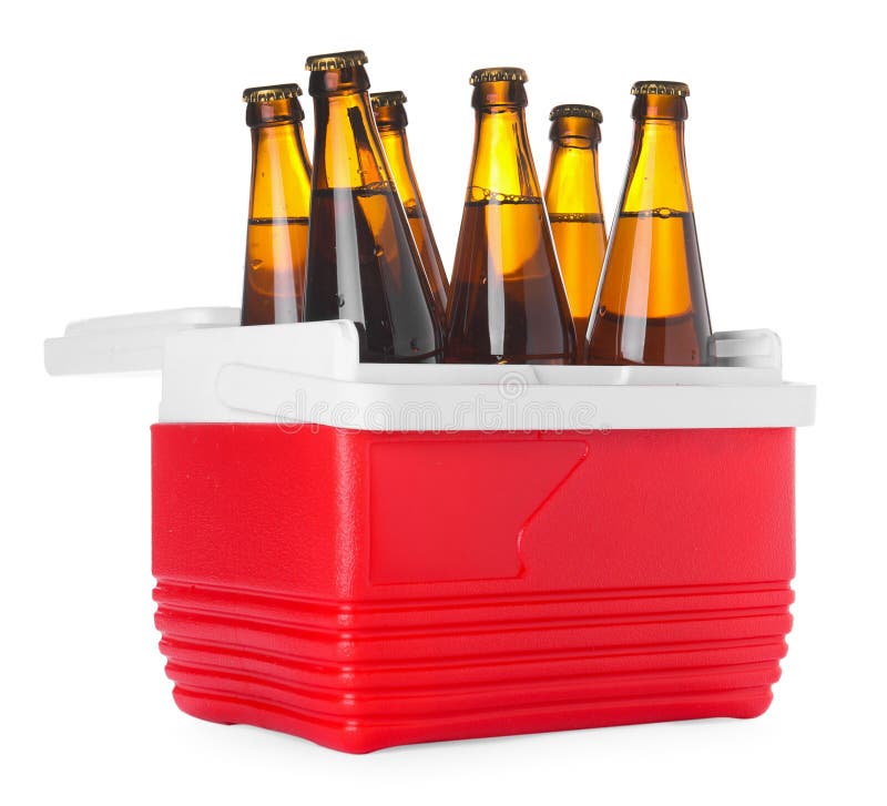 Many Bottles of Drinks in Cooler Box Isolated on White Stock Photo ...