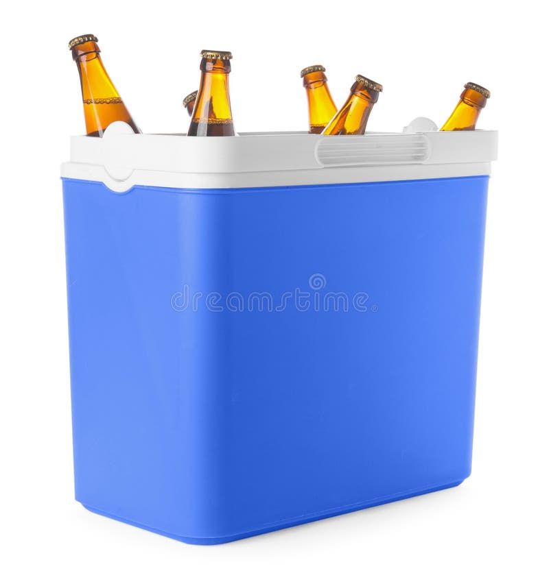 Many Bottles of Drinks in Cooler Box Isolated on White Stock Image ...