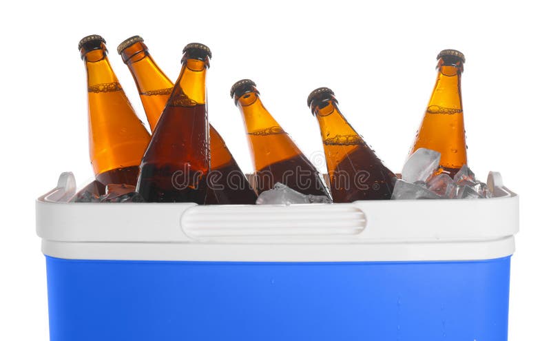 Many Bottles of Drinks in Cooler Box Isolated on White Stock Photo ...