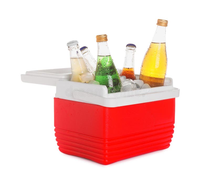 Many Bottles of Drinks in Cooler Box Isolated on White Stock Photo ...
