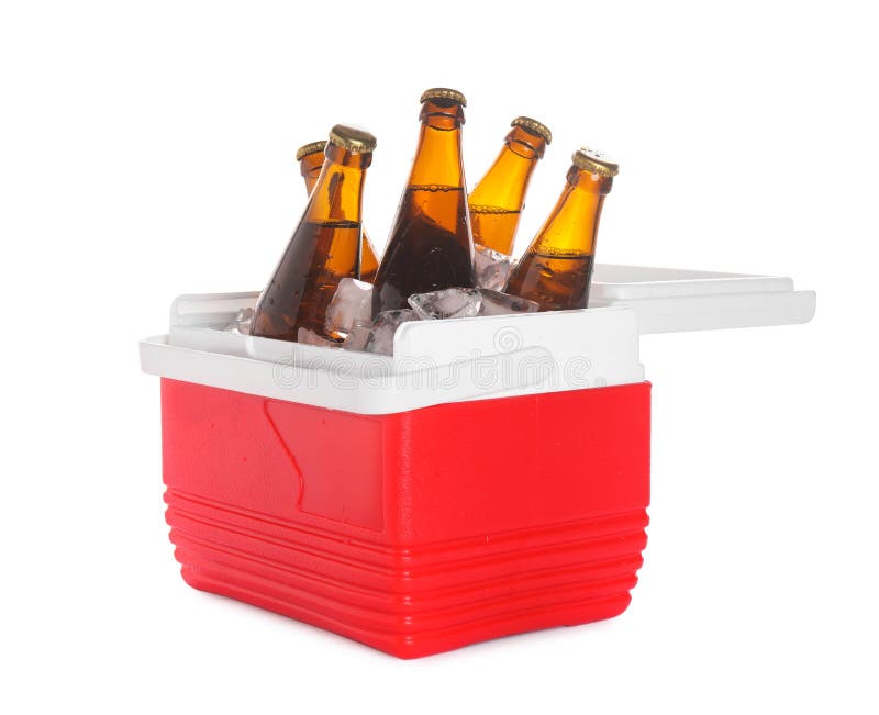 Many Bottles of Drinks in Cooler Box Isolated on White Stock Image ...