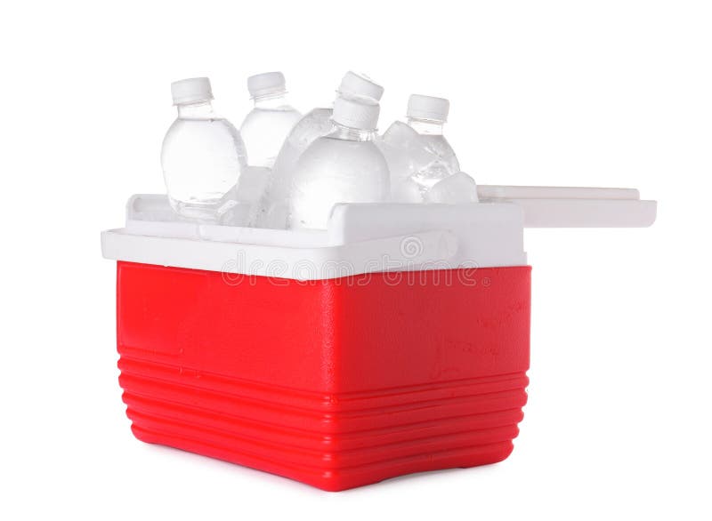 Many Bottles of Water in Cooler Box Isolated on White Stock Photo ...