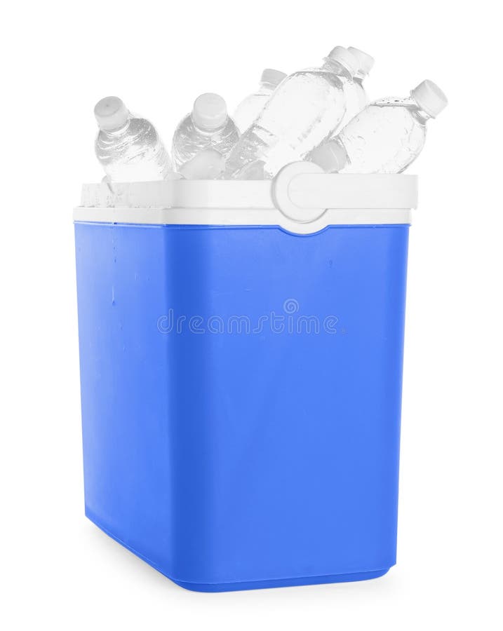 Many Bottles of Water in Cooler Box Isolated on White Stock Image ...