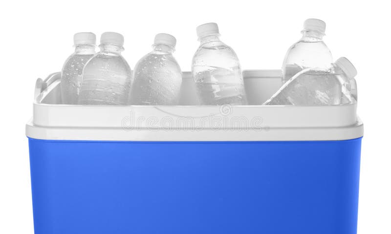 Many Bottles of Water in Cooler Box Isolated on White Stock Image ...