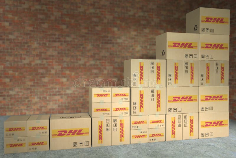 DHL Logo on Many Boxes Composing a Rising Bar Chart. Editorial Business ...