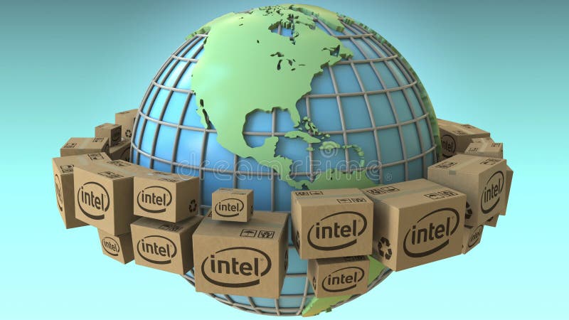 Boxes with Intel Logo Around the World, Asia Emphasized. Conceptual ...