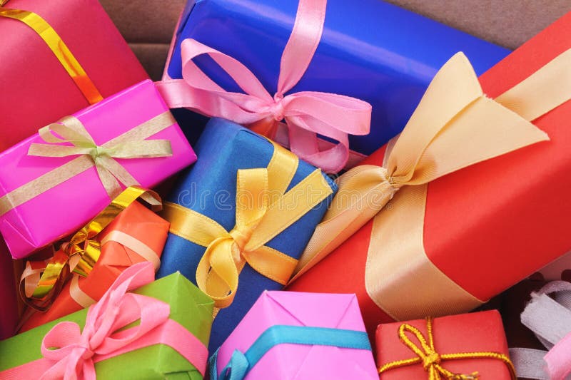 Many bright gifts. stock photo. Image of tapes, blue - 129111162