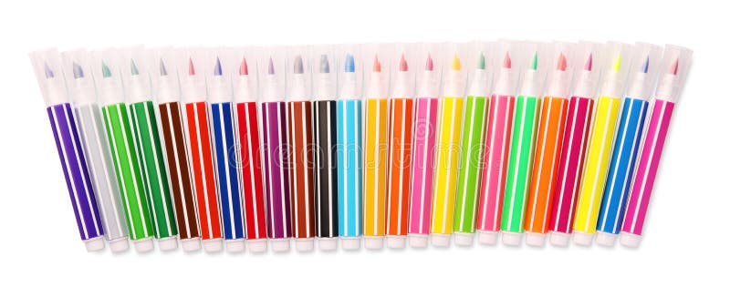 Many Bright Markers Isolated on White, Top View Stock Photo - Image of ...