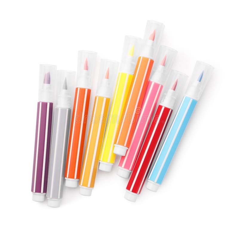 Many Bright Markers Isolated on White, Top View Stock Photo - Image of ...