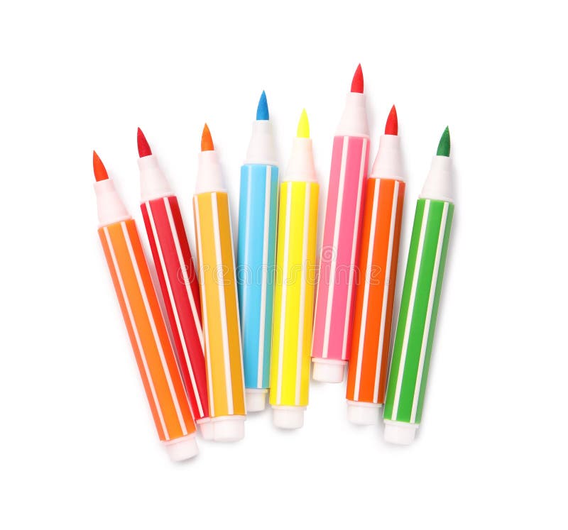 Many Bright Markers Isolated on White, Top View Stock Photo - Image of ...
