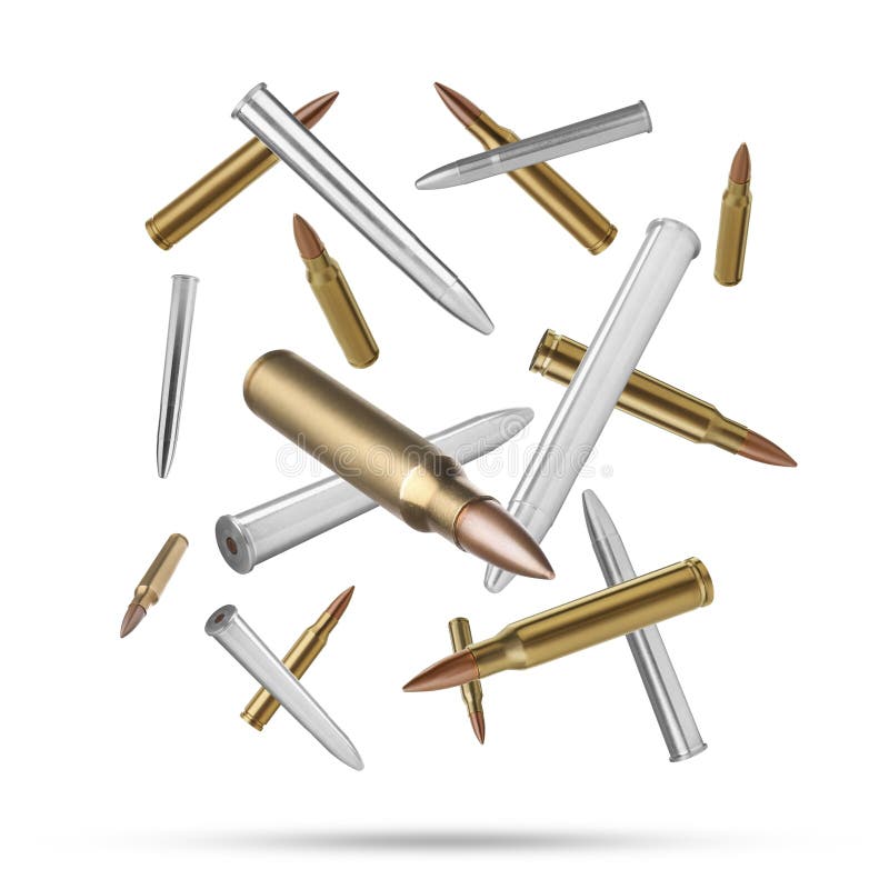 Many Bullets Falling on White Background. Firearm Ammunition Stock ...