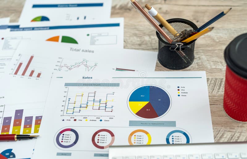 Many Business Charts and Graphs on Office Desk Stock Photo - Image of ...