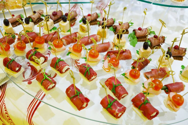 Many Canapes - Cold Appetizers are on Table with Stock Image - Image of ...