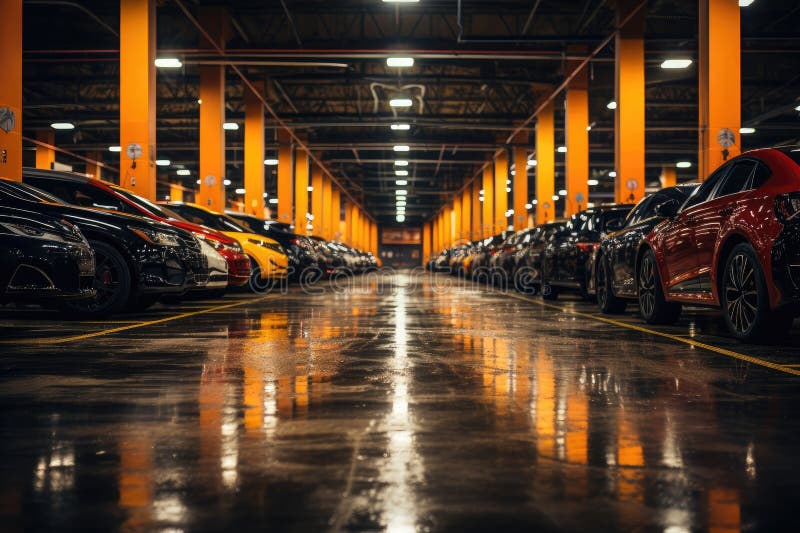 Many Car in Luxury Garage. Car Lot or Parking Lot Stock Illustration ...