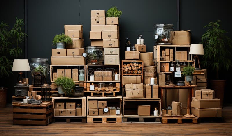 Many Cardboard Boxes of Different Sizes Arranged on a Shelf Stock ...
