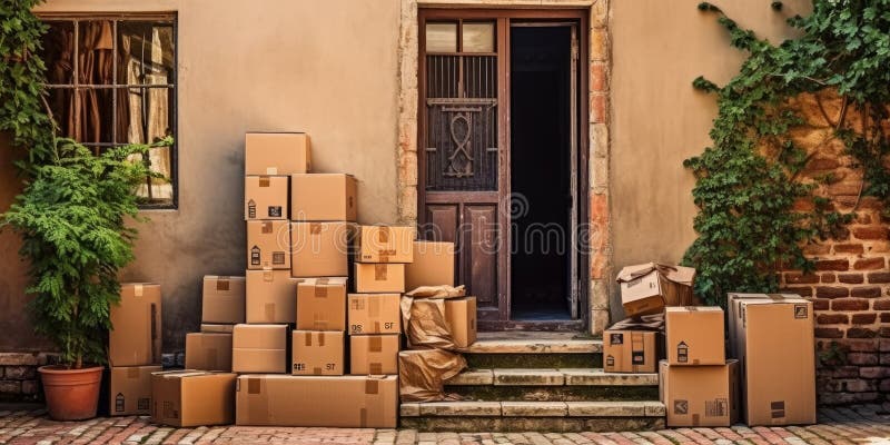 Many Cardboard Boxes in the Front of Door Stock Illustration ...