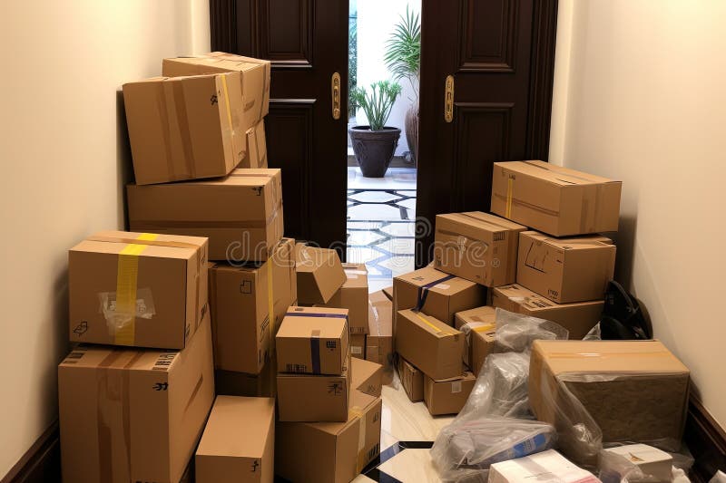 Many Cardboard Boxes in Front of House Door. Generative AI Stock Photo ...