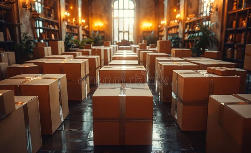 Many Cardboard Boxes in the Old Library. Online Shopping and Parcel ...