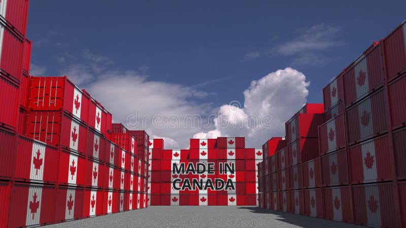 Many Cargo Containers with MADE in CANADA Text and National Flags ...