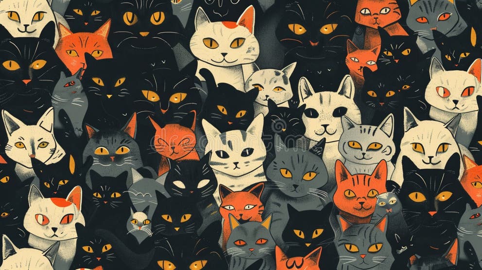 Adorable Cats Crowd Cute Pet Illustration Graphic Art Retro Image Happy ...