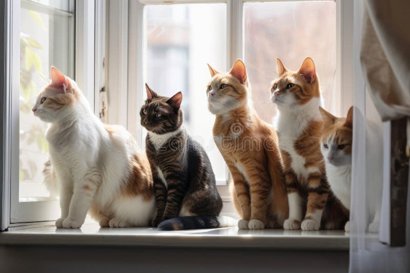 Many Cats Sitting on Windowsill, Looking Outside Stock Illustration ...
