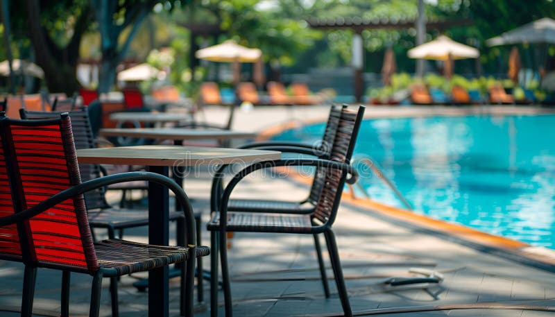 Many Chairs and Table Near Outdoors Swimming Pool at Resort Stock Photo ...