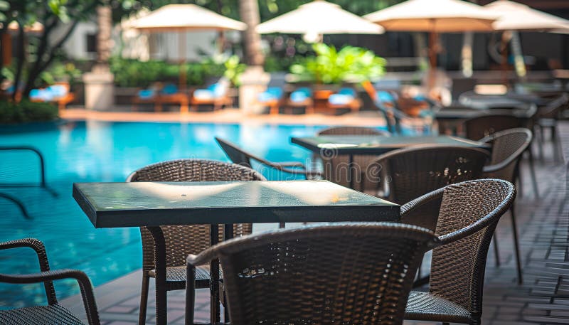 Many Chairs and Table Near Outdoors Swimming Pool at Resort Stock Photo ...