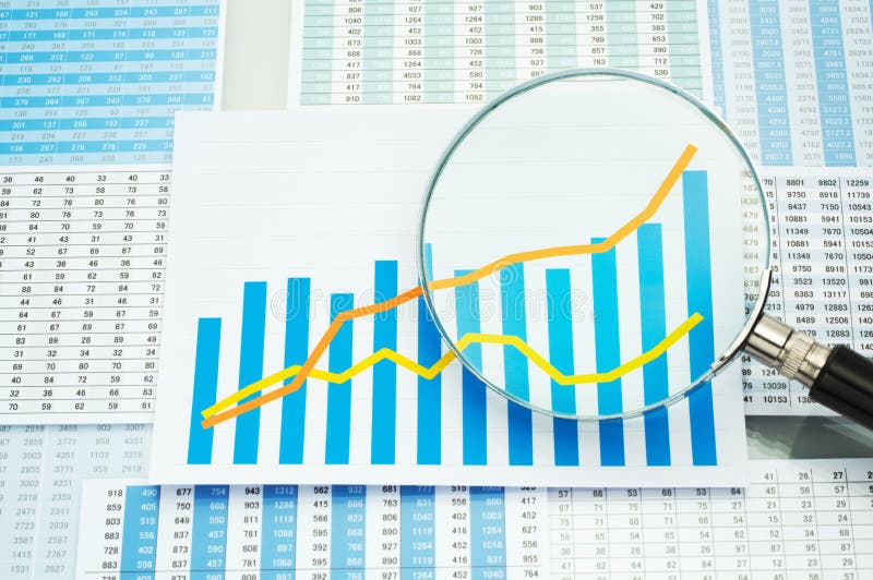 Many Charts, Graph and Magnifying Glass. Stock Image - Image of close ...