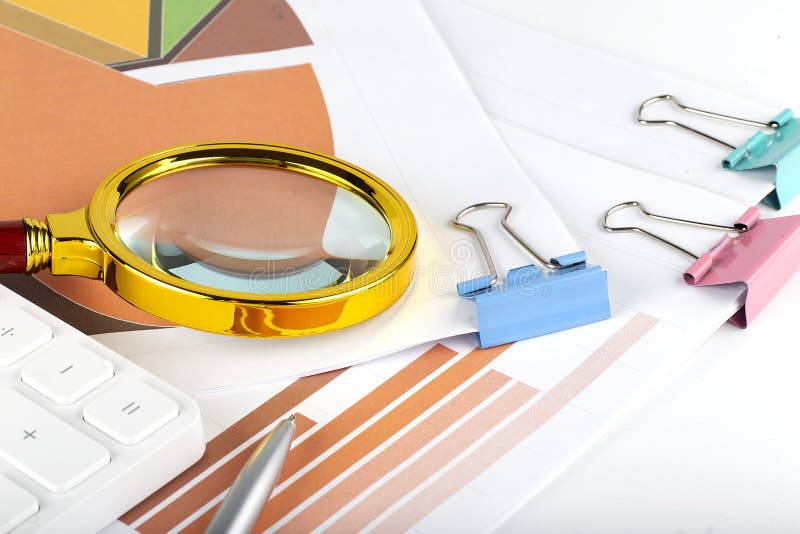 Many Charts and Magnifying Glass. Business Concept Stock Photo - Image ... Many Charts and Magnifying Glass. Business Concept Stock Photo - Image ...