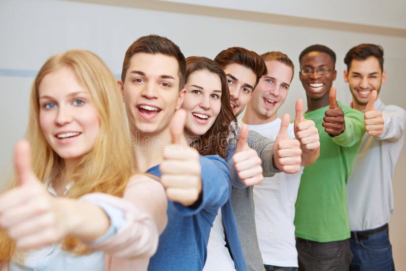 Cheering Students Holding Thumbs Up Stock Image - Image of student ...