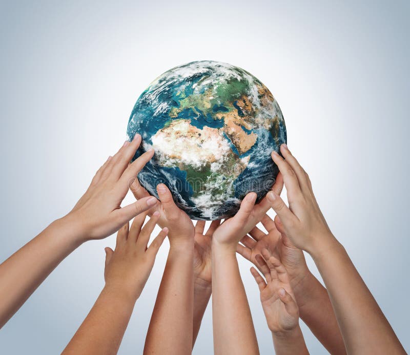 Many Children Hands Holding Planet Earth Isolated on Blue Background ... Many Children Hands Holding Planet Earth Isolated on Blue Background ...