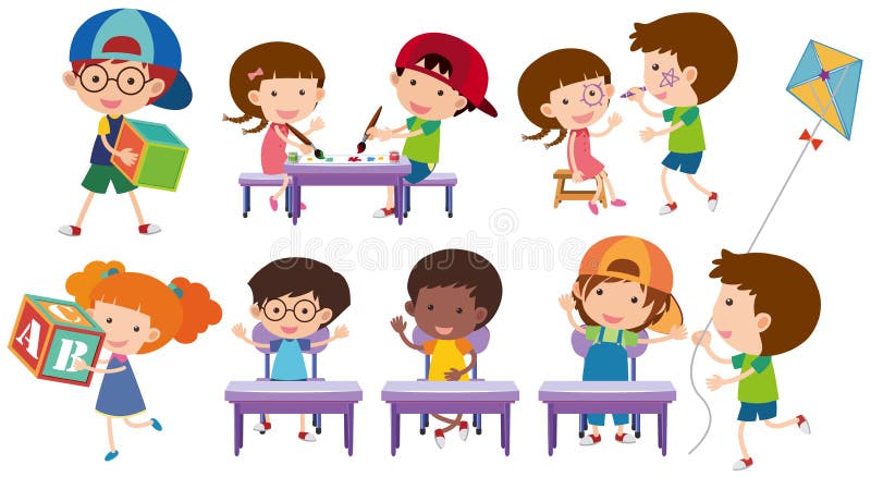 Many Children Playing and Learning Stock Vector - Illustration of table ...