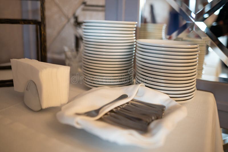 Many Clean White Cups and Plates on the Table Stock Photo - Image of ...